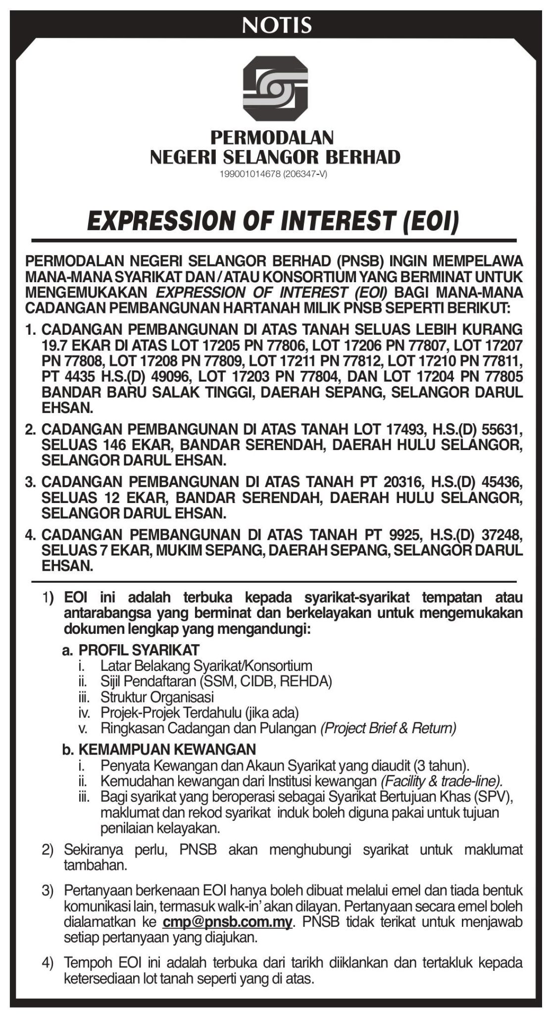 Notis ‘Expression Of Interest’ (EOI) – Permodalan Negeri Selangor Berhad (PNSB) Ingin Mempelawa ...