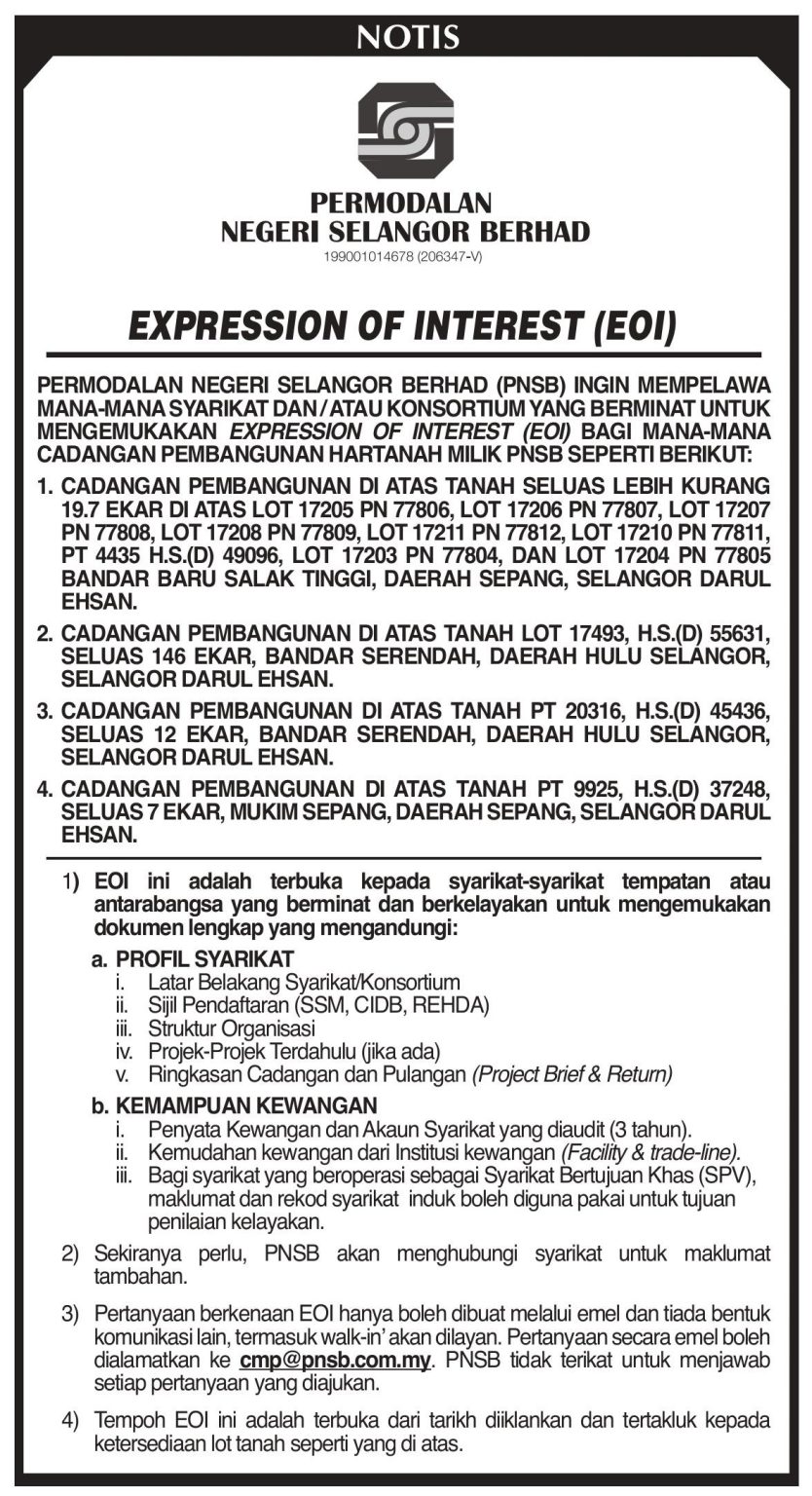 Notis ‘Expression Of Interest’ (EOI) – Permodalan Negeri Selangor Berhad (PNSB) Ingin Mempelawa ...